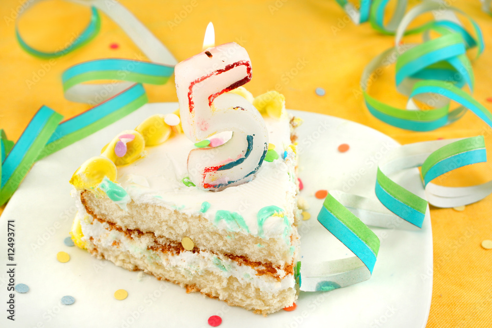 slice of fifth birthday cake Stock Photo | Adobe Stock