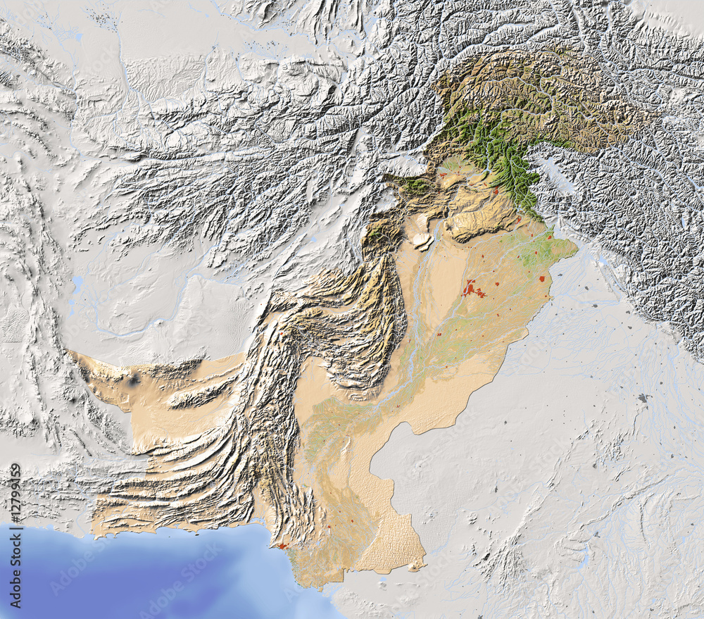 Pakistan, shaded relief map, colored for vegetation Stock Illustration ...