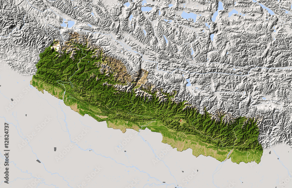 Nepal, shaded relief map, colored for vegetation Stock Illustration ...