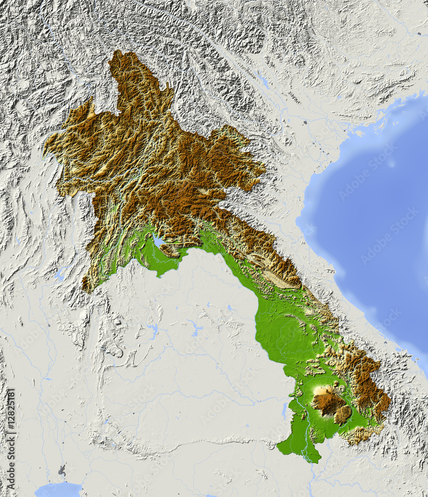 Laos, shaded relief map, colored for elevation. Stock Illustration | Adobe Stock