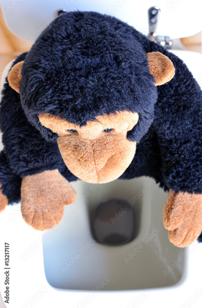 Abstract: a monkey toy sitting on the toilet Stock Photo | Adobe Stock