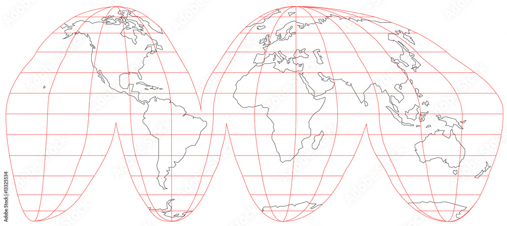Weltkarte in Goode's Projektion, rotes Gradnetz Stock Vector | Adobe Stock