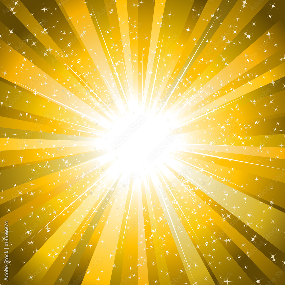 Rays from the sun making a yellow sunburst with stars background Stock ...