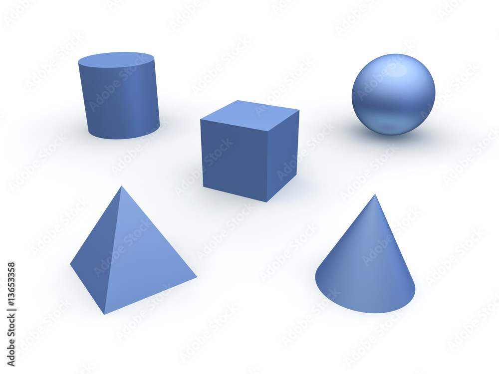 3d basic objects. Sphere, cube, cone, cylinder and pyramid. Stock ...