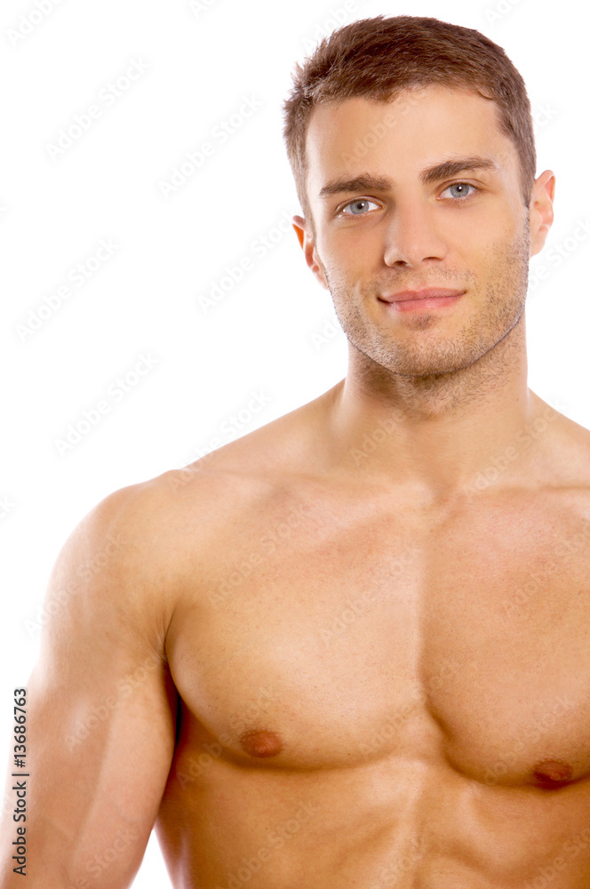 Muscular and tanned male isolated on white Stock Photo | Adobe Stock