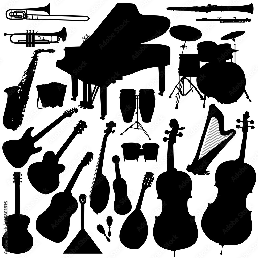 22 pieces of detailed vectoral musical instrument silhouettes. Stock ...
