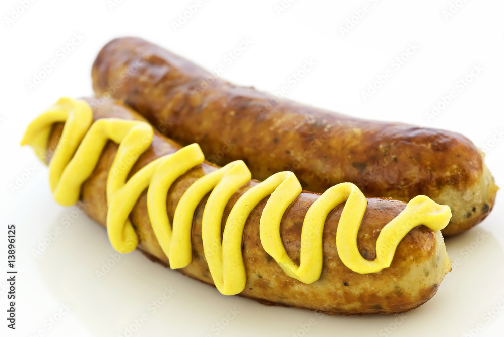 Bratwurst mit Senf Stock-Foto | Adobe Stock
