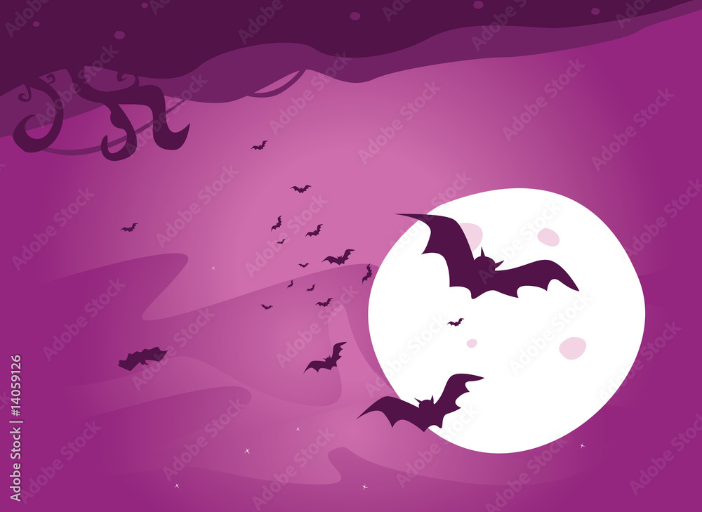 Bat night. Dark night with full moon. Bats are flying around. Stock ...