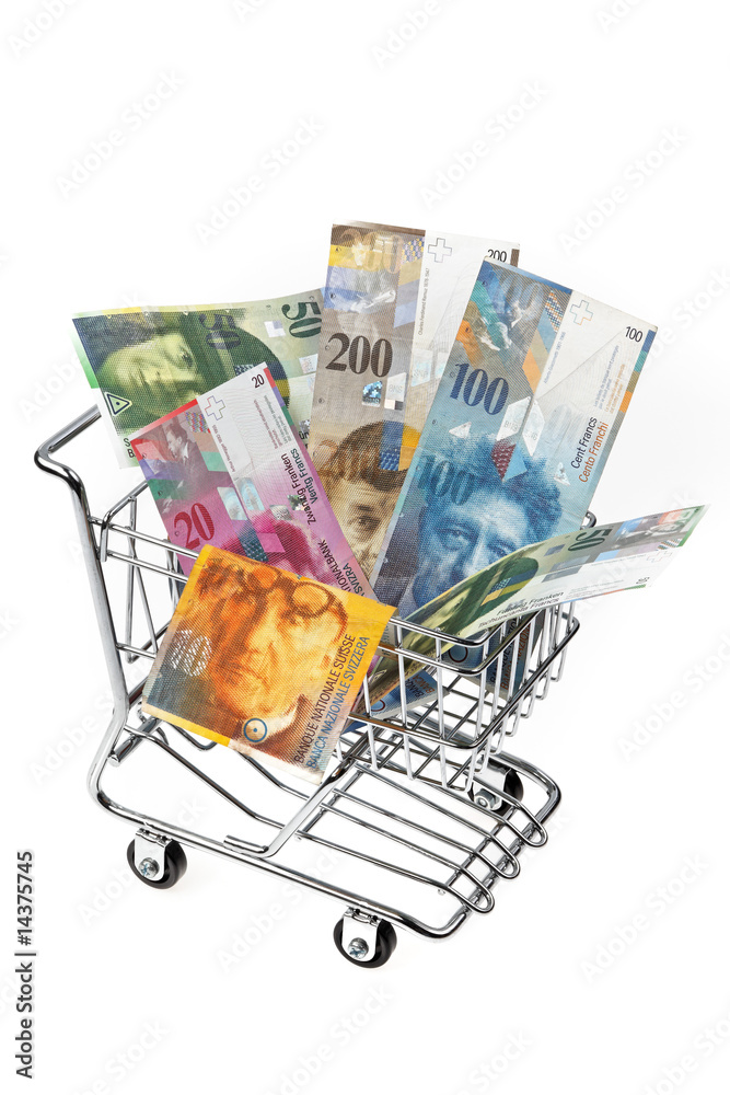 Schweizer Franken Geldschein mit Einkaufskorb Stock Photo | Adobe Stock