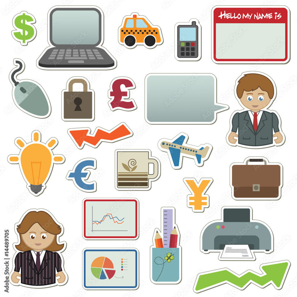 business and finance stickers vector laptop charts currency printer ...