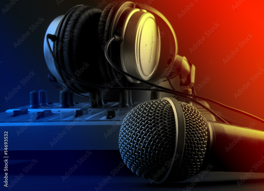 Microphone with mixer and headphones - music studio set Stock Photo ...
