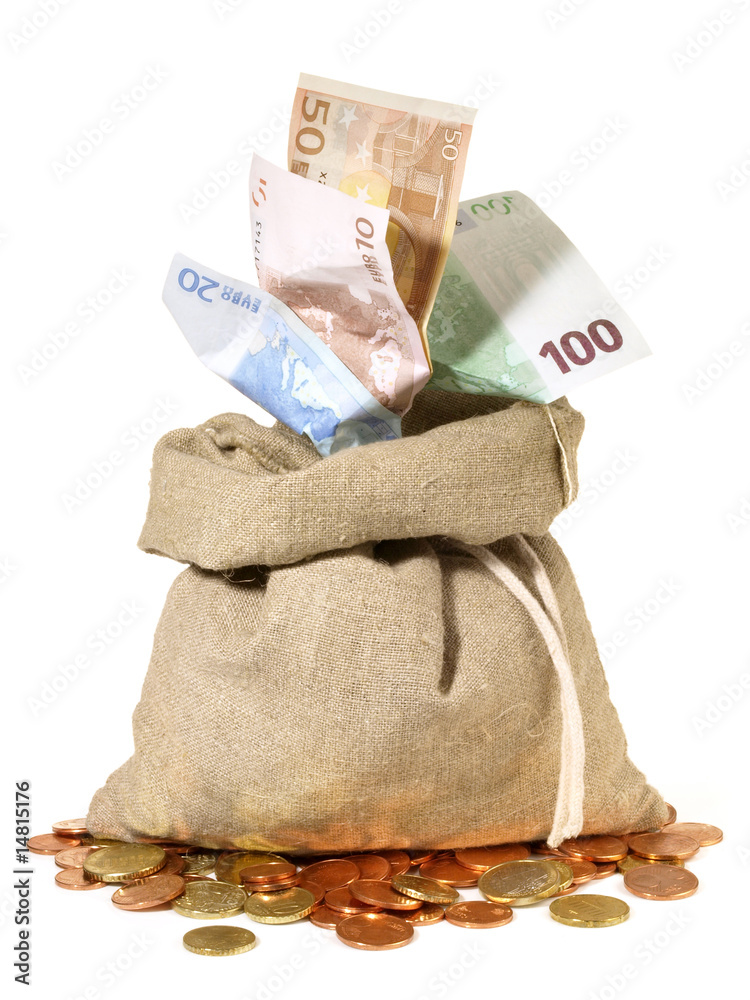 Geldsack mit Münzen und Geldscheine - Freisteller Stock Photo | Adobe Stock