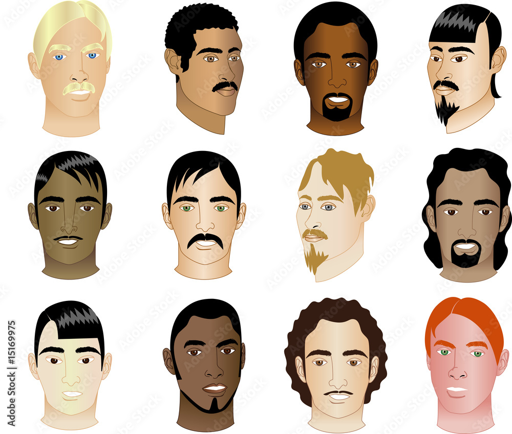 Twelve Men's Faces of different races and cultural backgrounds. Stock ...
