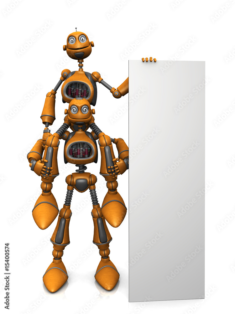 Cartoon robots holding blank sign. Stock Illustration | Adobe Stock