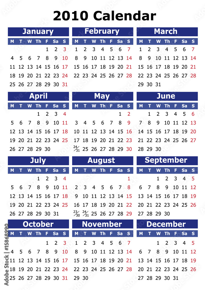 2010 vector calendar. Week starts on Monday Stock Vector | Adobe Stock