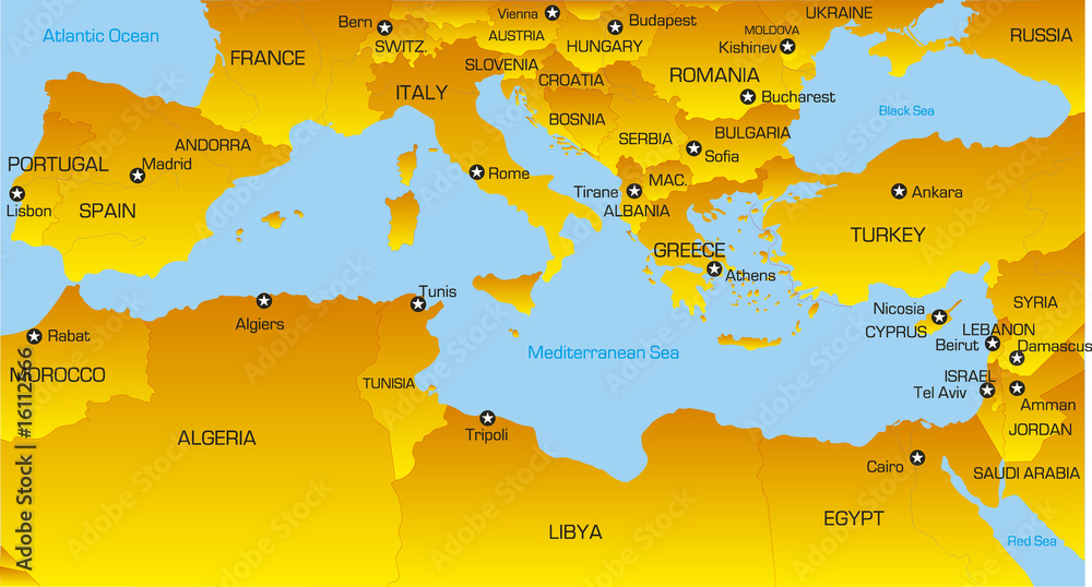 Vector color map of Mediterranean region countries Stock Vector | Adobe ...