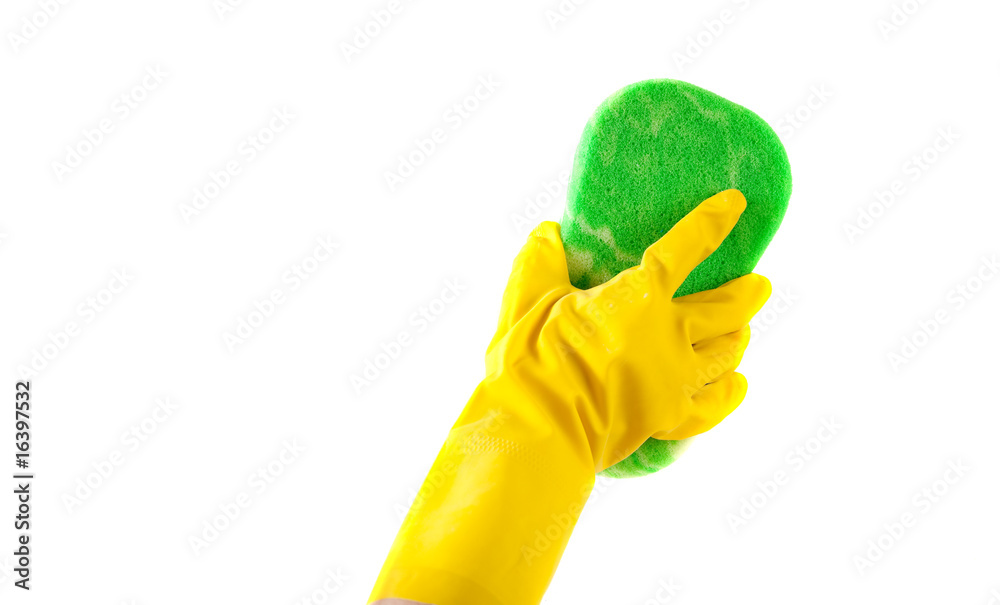 Household CHores - A gloved hand washing with a sponge Stock Photo ...