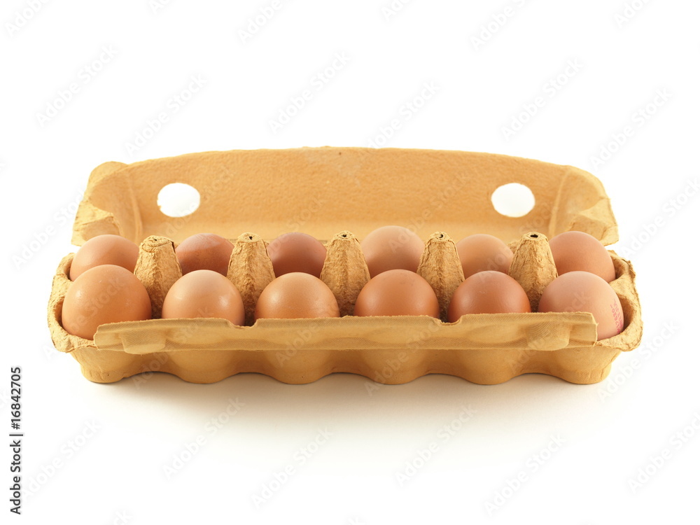 Foto de Open egg box with dozen eggs do Stock | Adobe Stock