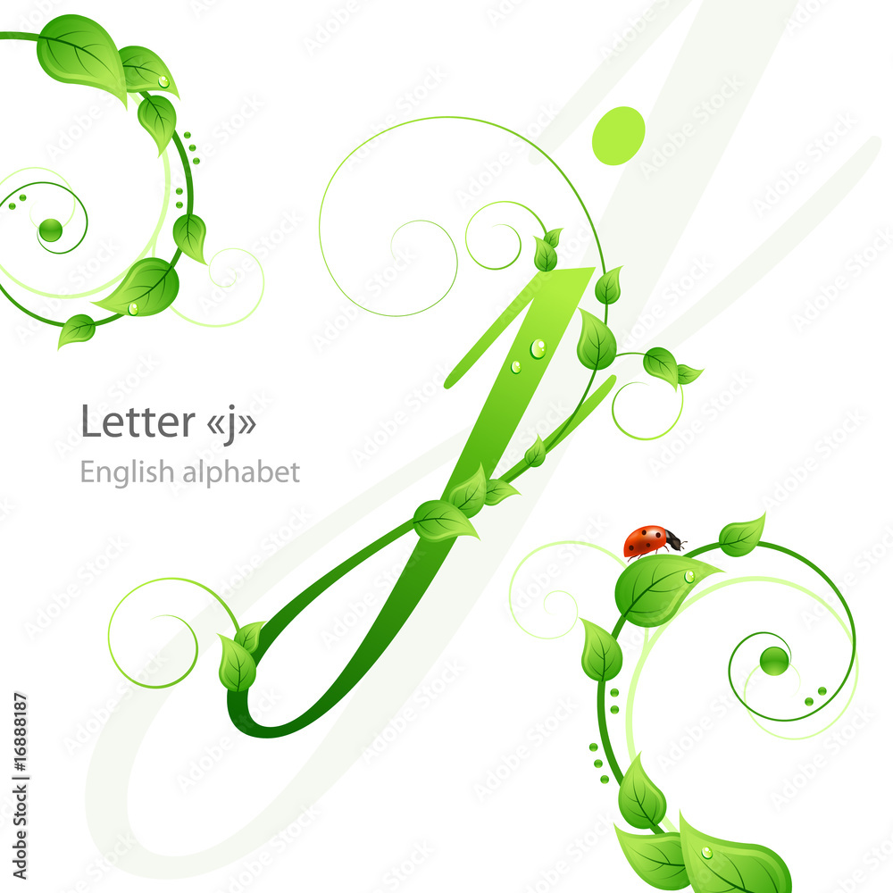 Eco green pattern alphabet with leafs and ladybird. Letter j Stock ...