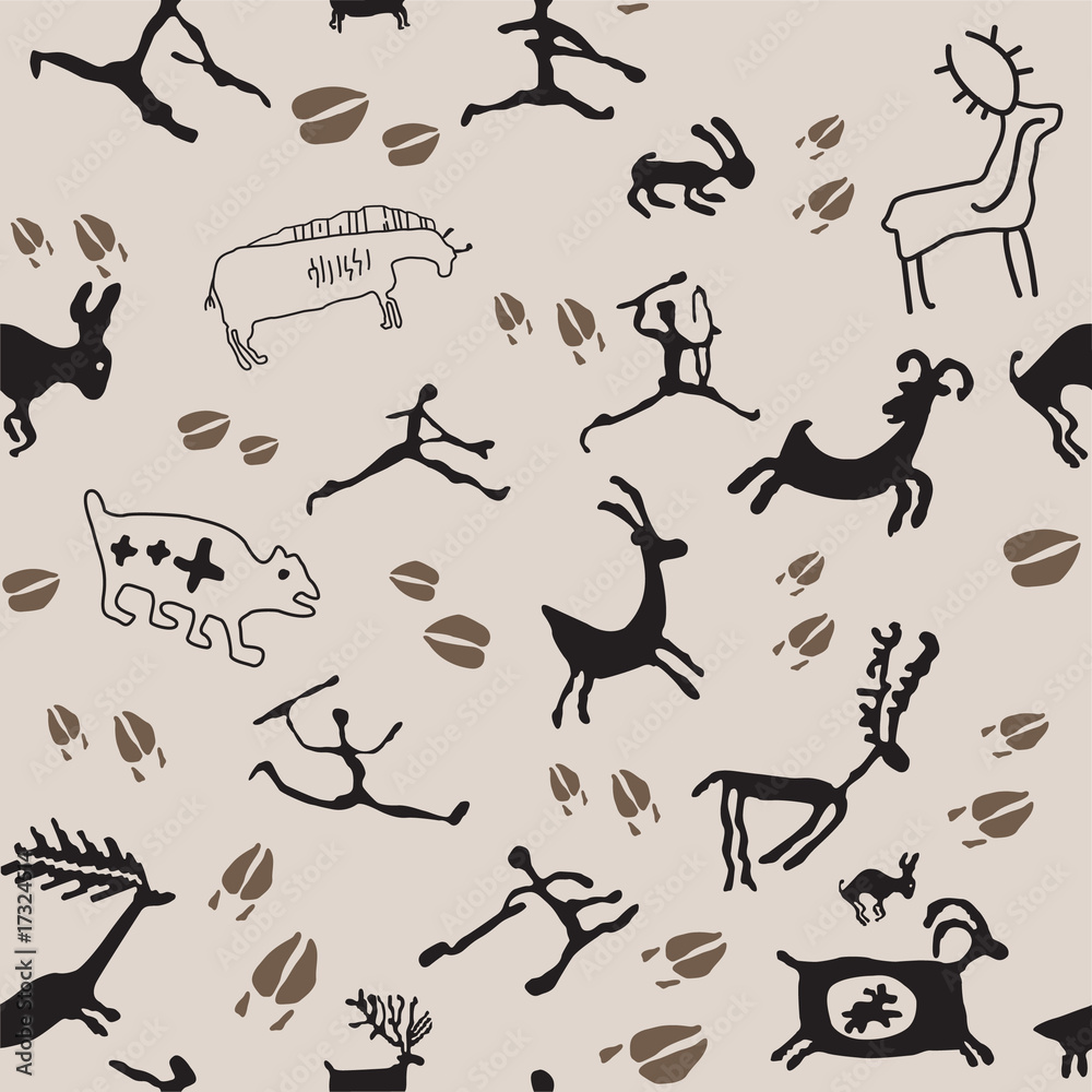 Cave Painting Hunters and Animals based on cave paintings Stock Vector ...
