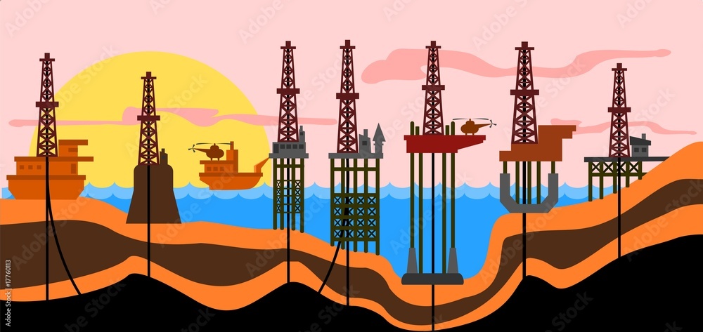 Vector illustration: different types of oil-production derrics Stock ...