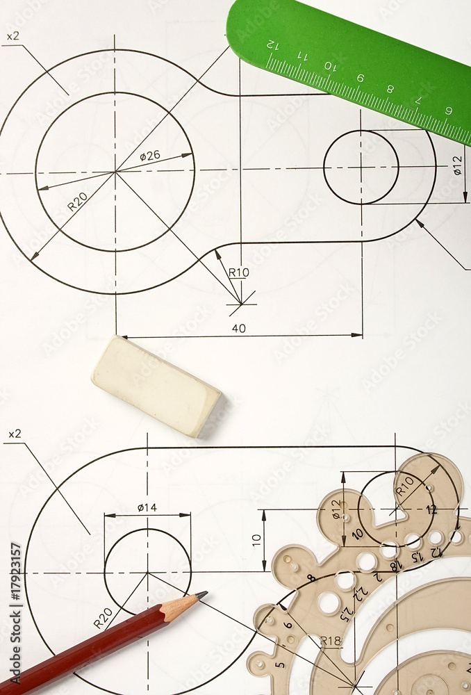 technical drawing with pencil and rulers Stock Photo | Adobe Stock