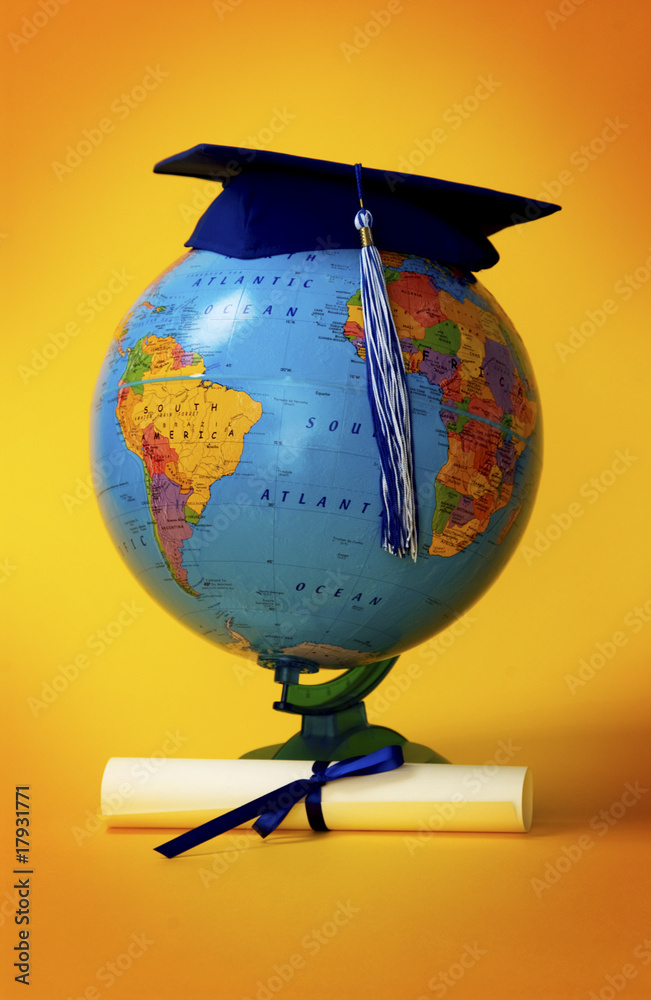 World globe with graduation cap and diploma Stock Photo | Adobe Stock