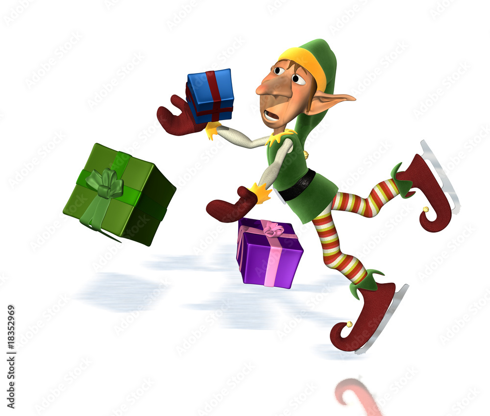 Skating Elf Drops Christmas Gifts - 3D render Stock Illustration ...