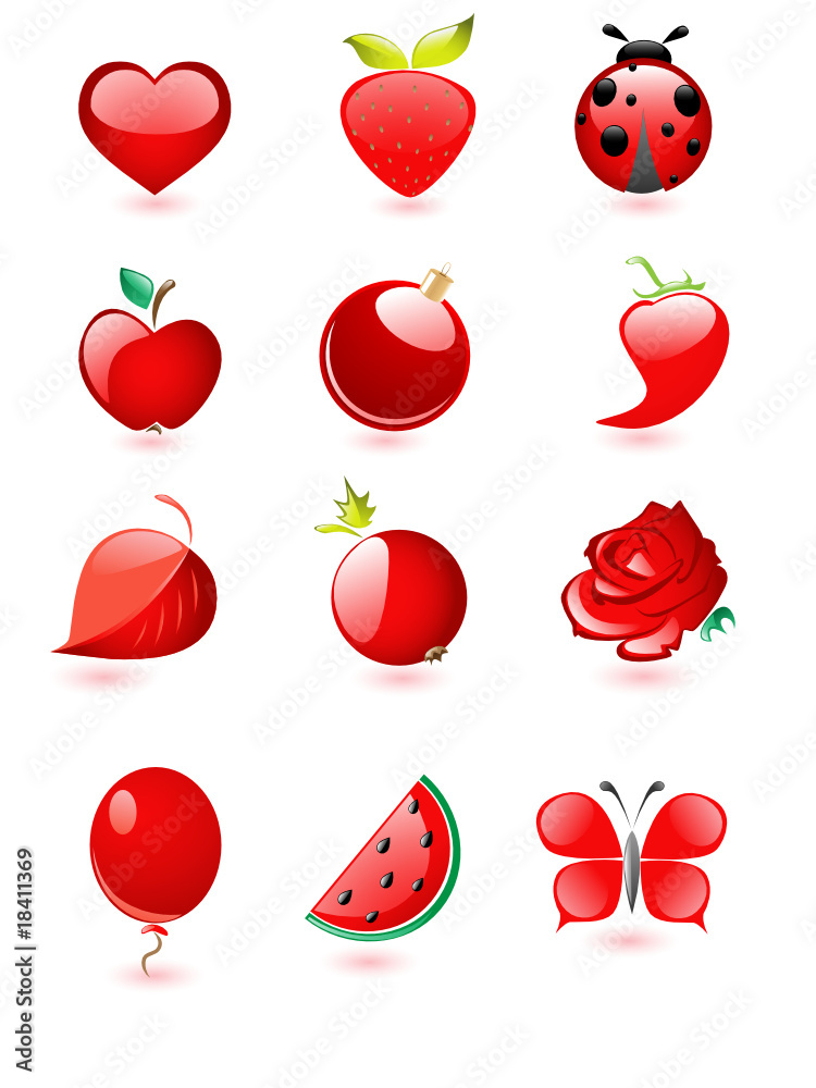 Collection of glossy red icons with drop shadow Stock Vector | Adobe Stock