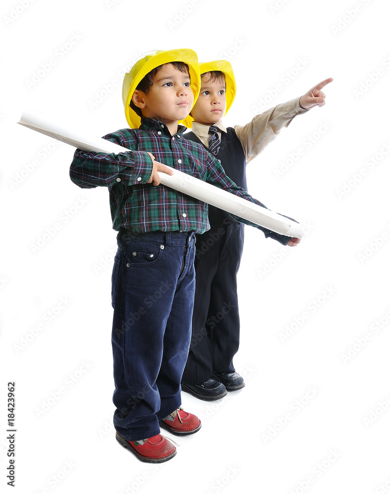 Little cute engineers isolated, kids playing together Stock Photo ...