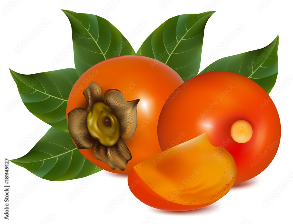 Photorealistic vector illustration. Persimmon with leaves. Stock Vector ...