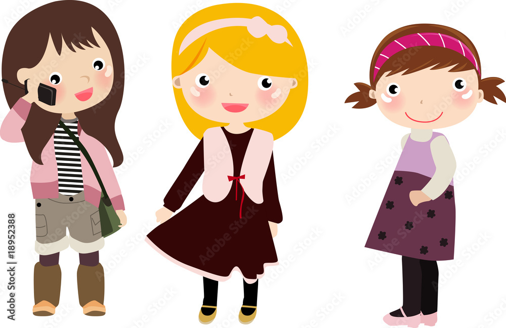 Three Girls Walking Cartoon