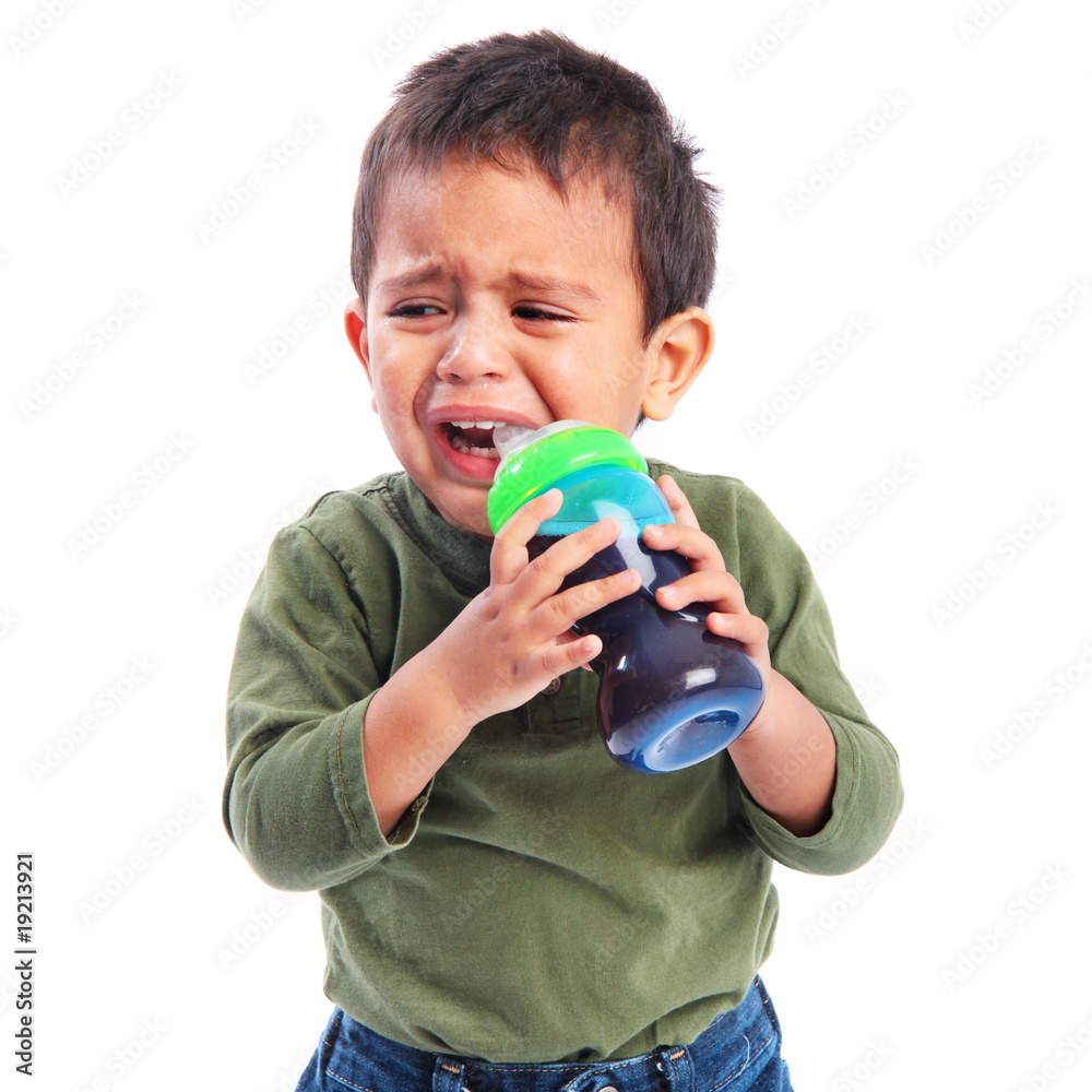 Upset Sad Toddler Crying while Drinking from a Sippy Cup Stock Photo ...