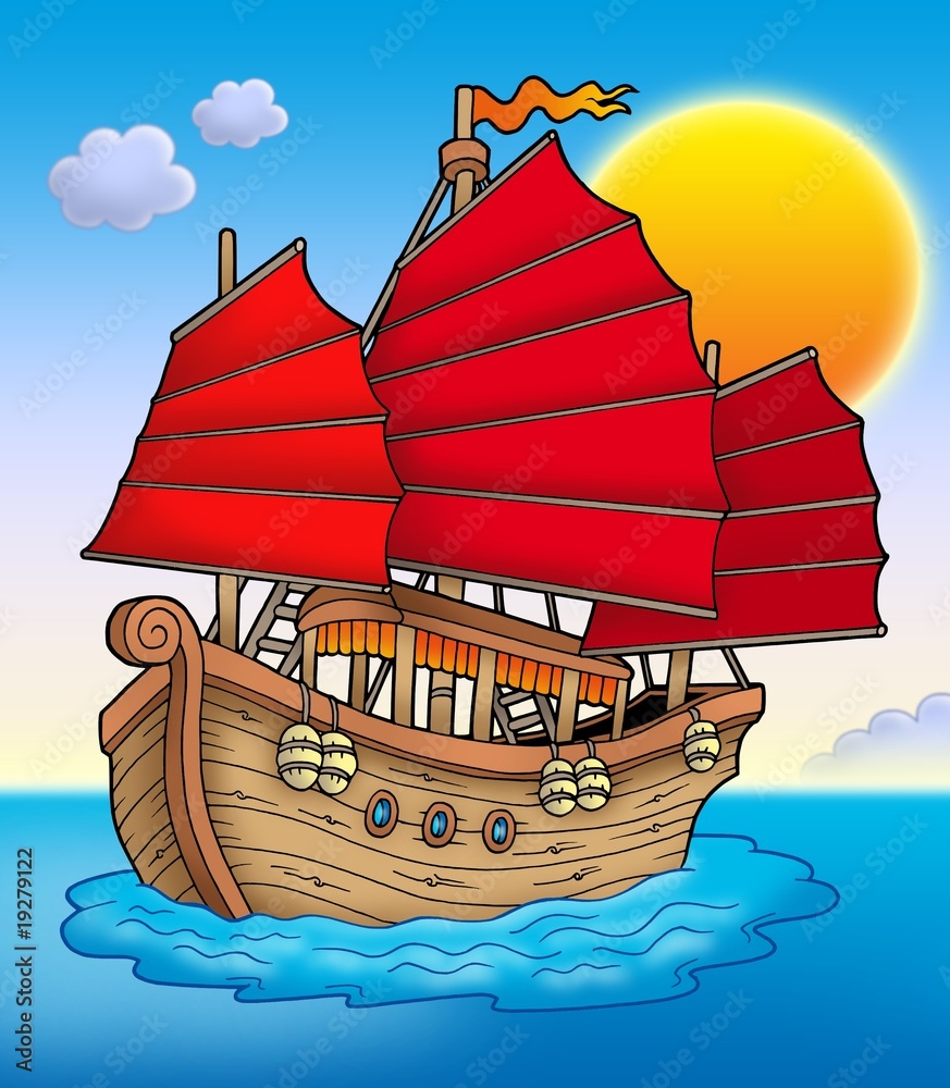 Traditional Chinese ship with sunset Stock Illustration | Adobe Stock