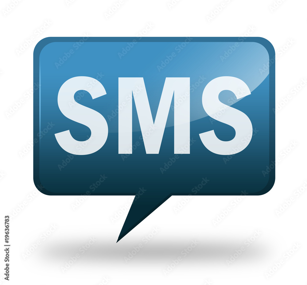 Speech bubble shaped icon "SMS" blue on white background Stock ...