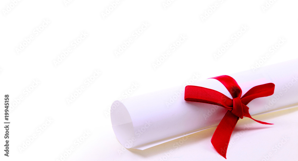 Paper scroll and red bow isolated on white backgrou Stock Photo | Adobe ...