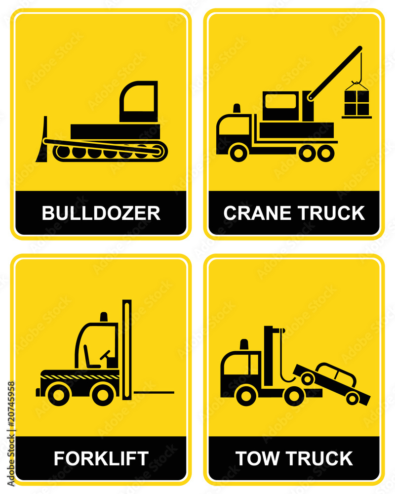 Bulldozer, crane, tow truck and forklift - signs Stock Vector | Adobe Stock