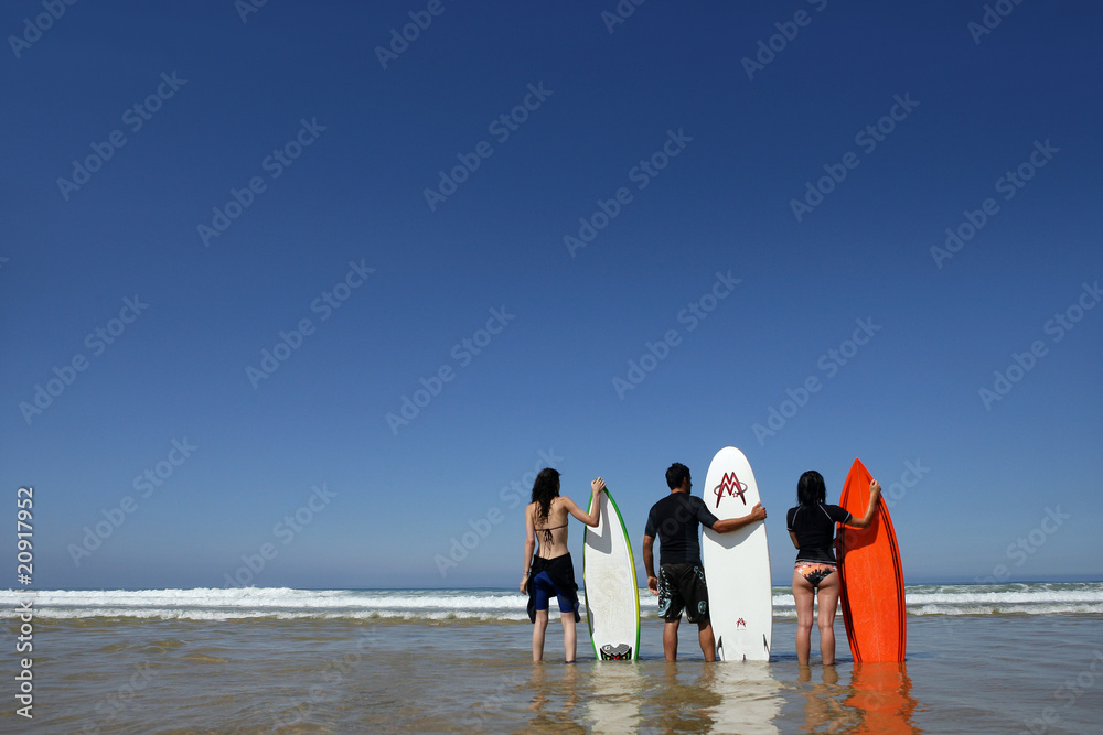 groupe d'amis à la mer avec planches de surf Photos | Adobe Stock