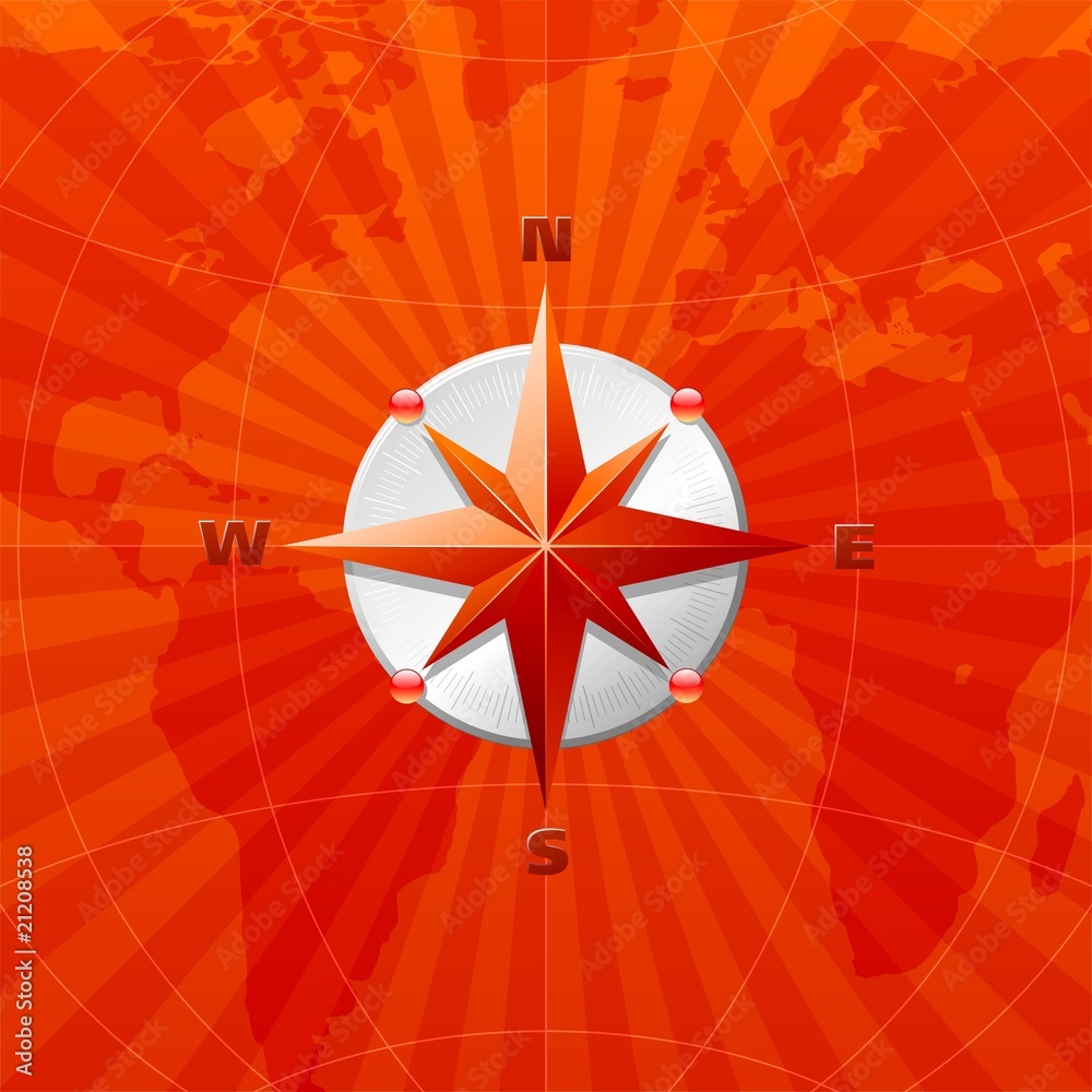 Red compass rose on a world map background Stock Vector | Adobe Stock