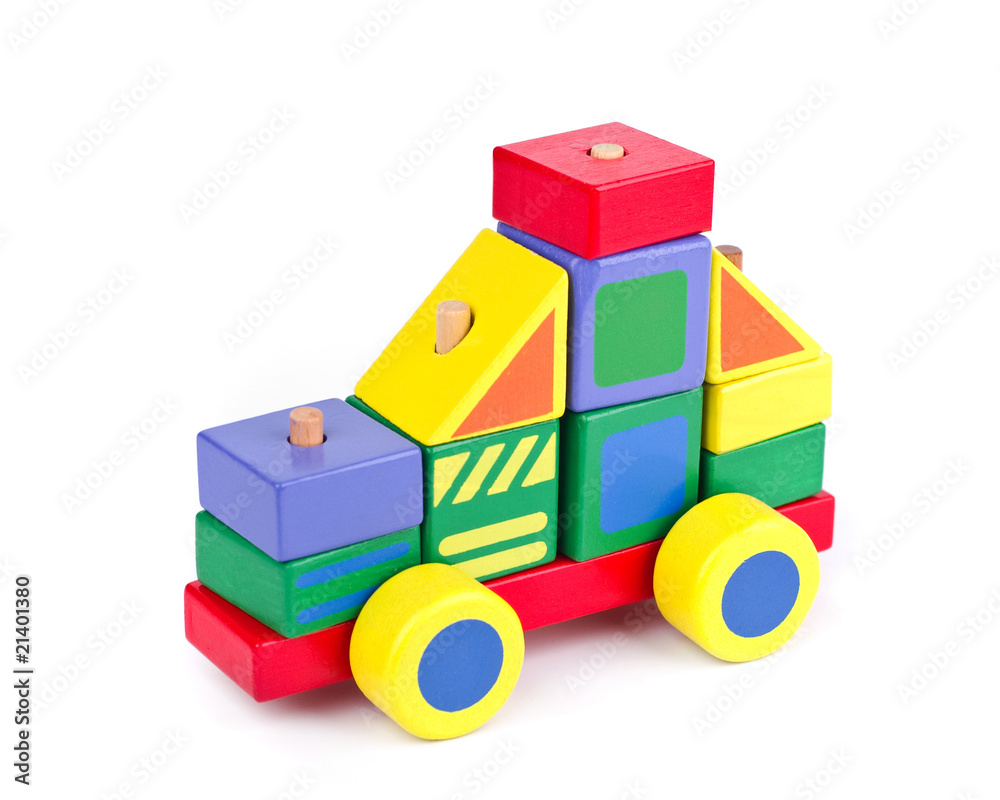 Toy car made of colorful wooden blocks on white background Stock Photo ...