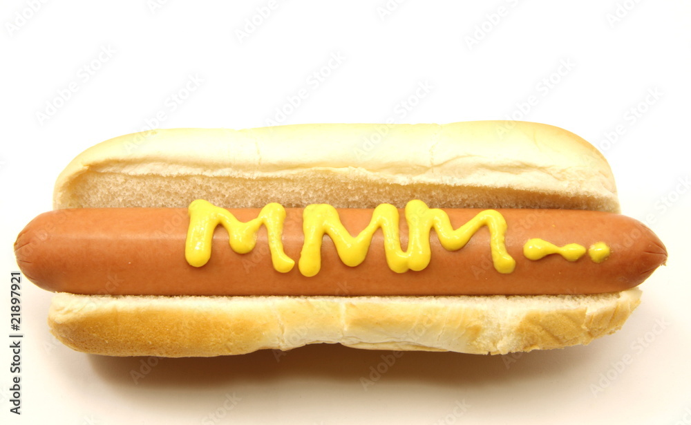 Foot Long Hot Dog with MMM... written in mustard. Stock Photo | Adobe Stock
