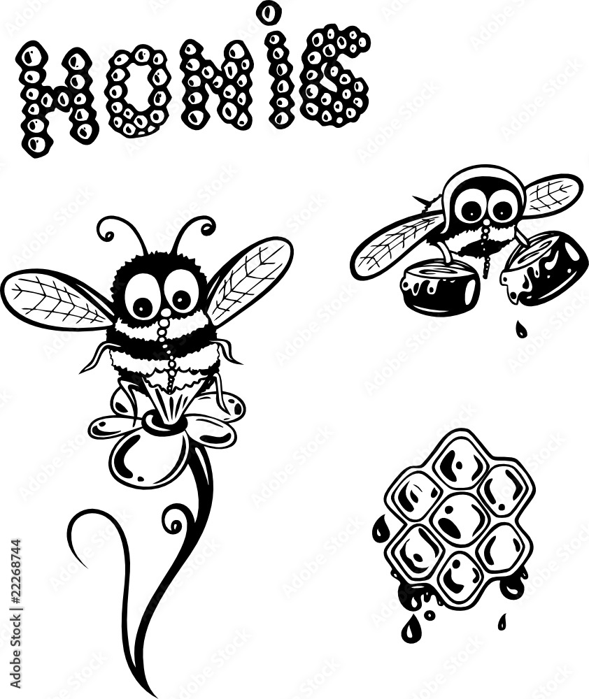 Biene, Wespe, Honig, Comic, Blume, Sommer, Set Stock-Vektorgrafik ...