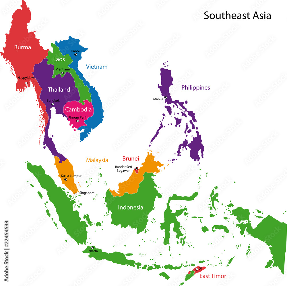 Colorful Southeastern Asia Map With Countries And Capital Cities Stock Colorful Southeastern Asia Map With Countries And Capital Cities Stock