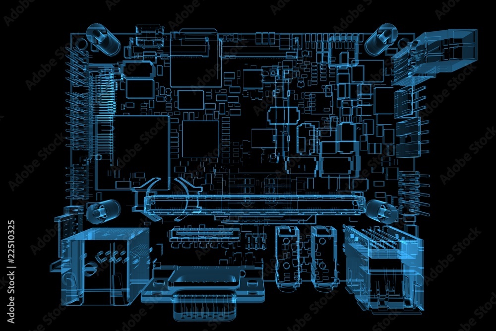 Computer motherboard 3D rendered xray blue transparent Stock ...