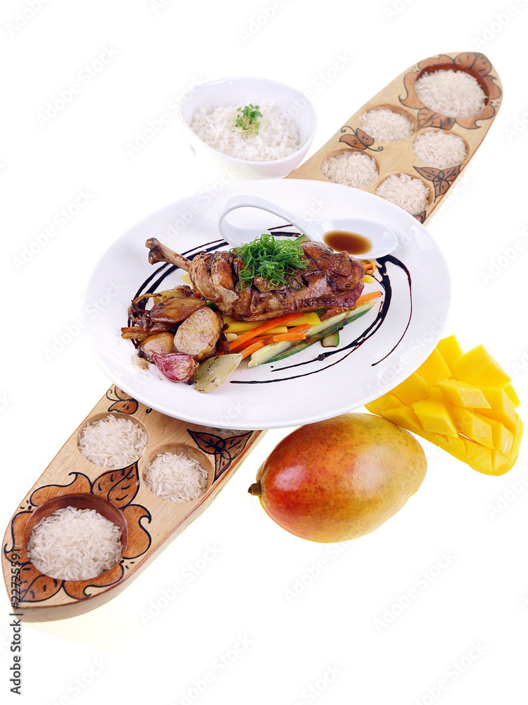 fried chicken adobo, rice & fresh mango isolated on white Stock Photo ...