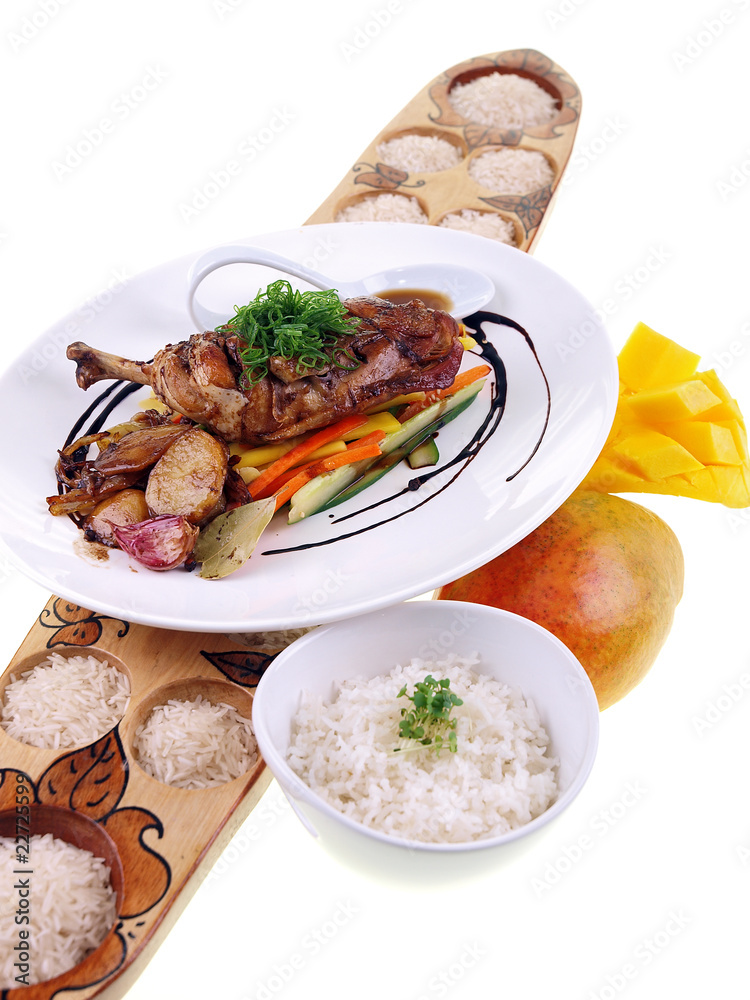 fried chicken adobo, rice & fresh mango isolated on white Stock Photo ...