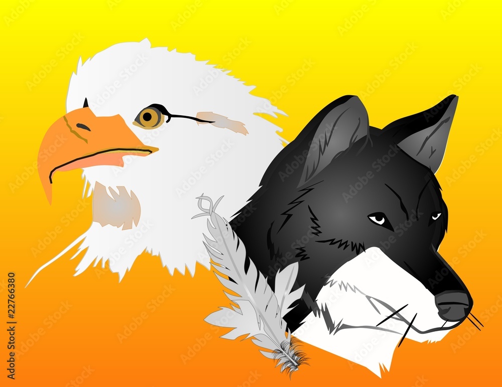 wolf and eagle, with a feather, sun rising, united together.. Stock ...