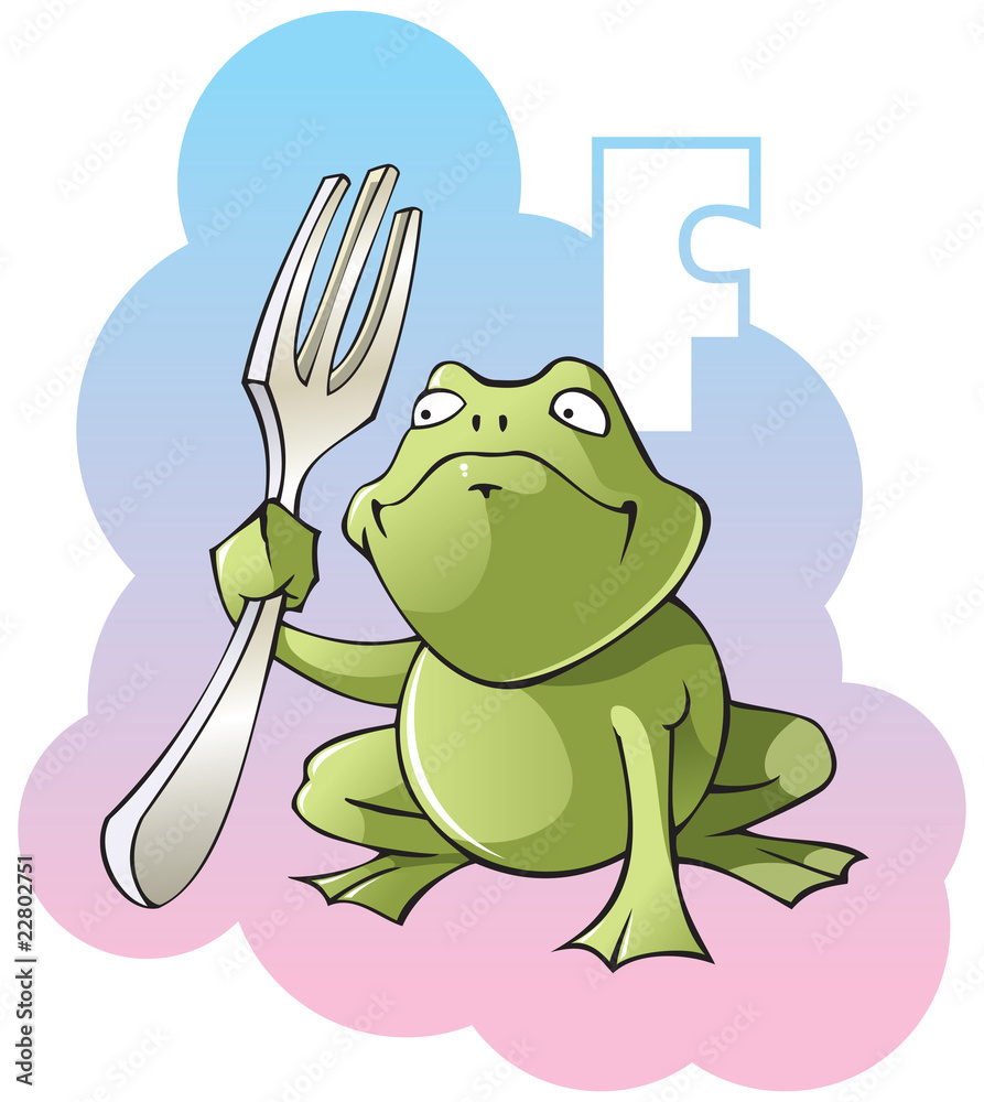 Children alphabet: letter F, frog and fork, cartoon vector Stock Vector ...