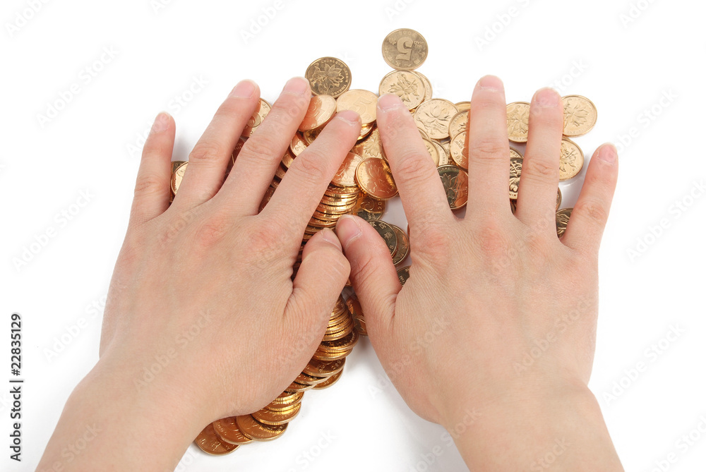greedy hands grabbing gold coins Stock Photo | Adobe Stock