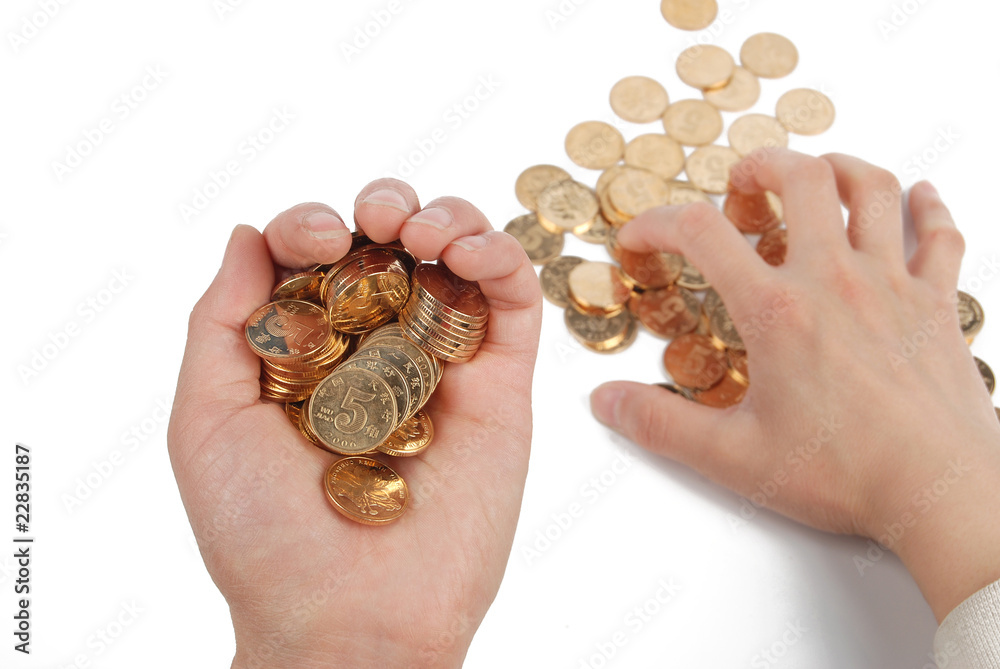greedy hands grabbing gold coins Stock Photo | Adobe Stock